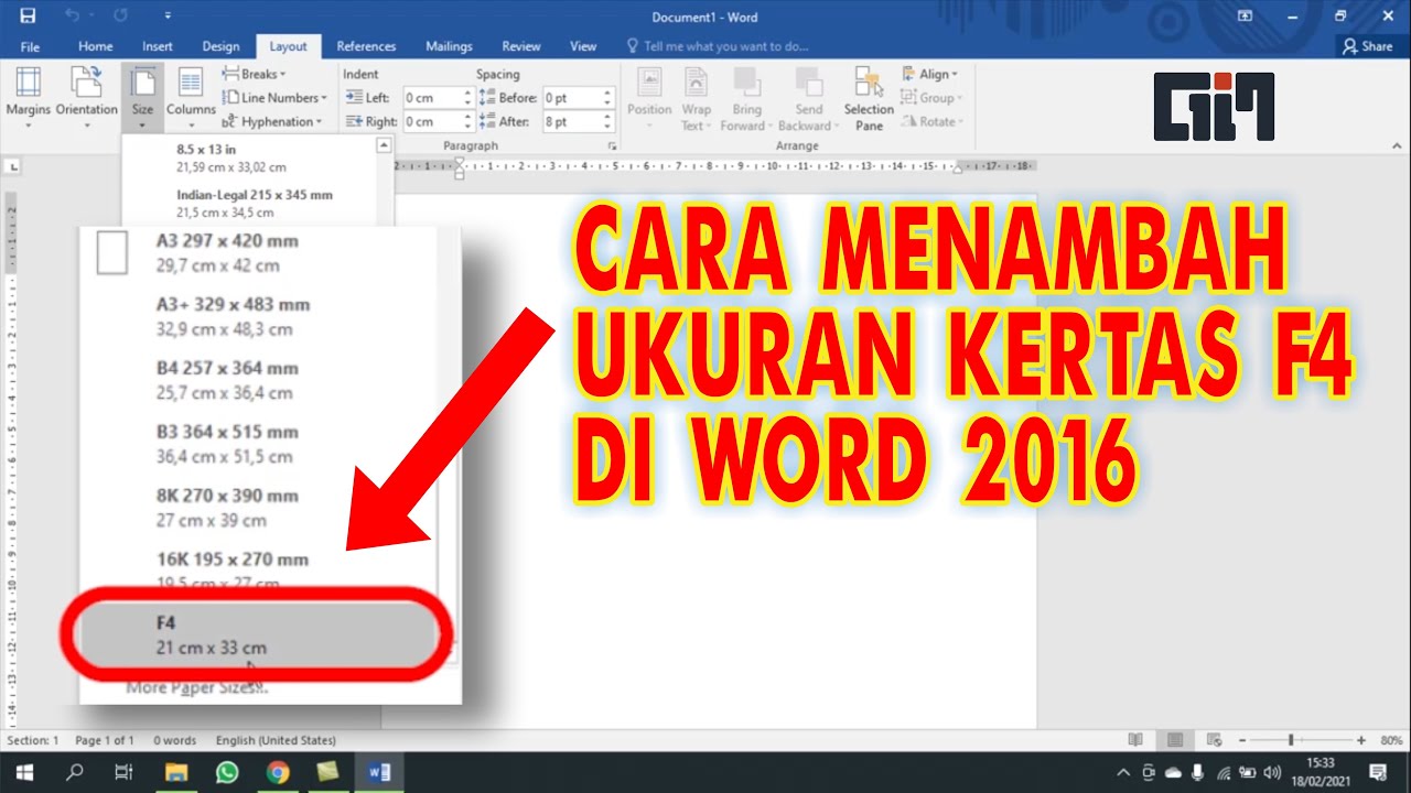Cara Menambah Ukuran Kertas F4 di Ms Word 2016 Terbaru - YouTube