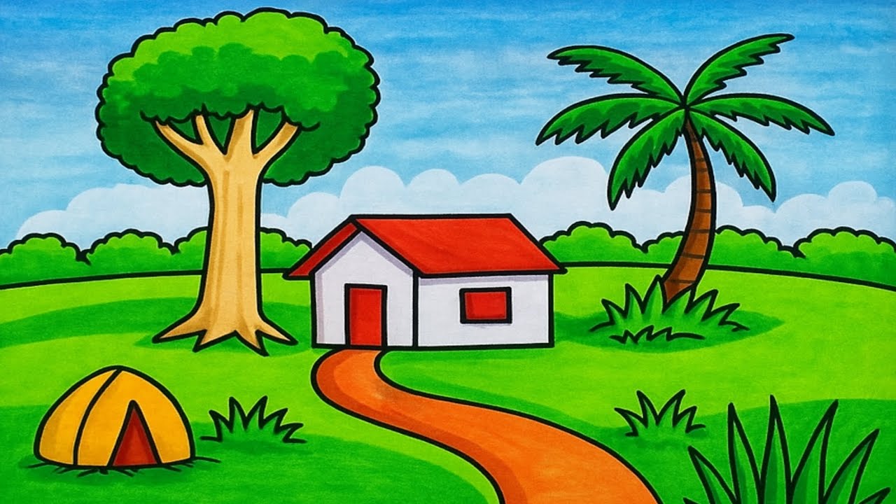 Rural Life Easy Drawing | Beautiful Village Scenery | Simple Step by ...