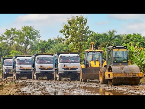 New JCB 3dx Backhoe Machine Loading Soil in 2 TATA Dump Trucks And 2 Ashok Leyland Trucks  Mud Road 