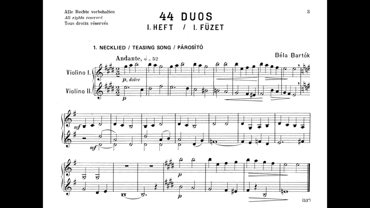 Bartok 44 Duos for 2 Violins - No.1 Teasing Song, Andante (E major) - YouTube