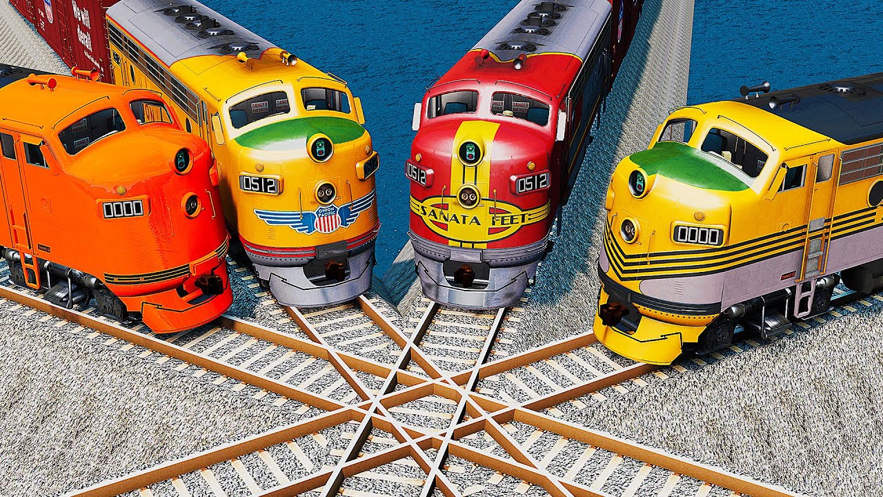Orange Train vs Three Trains on Overlap Track Crossing - BeamNG.Drive ...