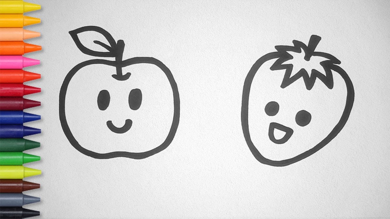 How to Draw Apple & Strawberry | Coloring Page with Crayons | Drawing ...