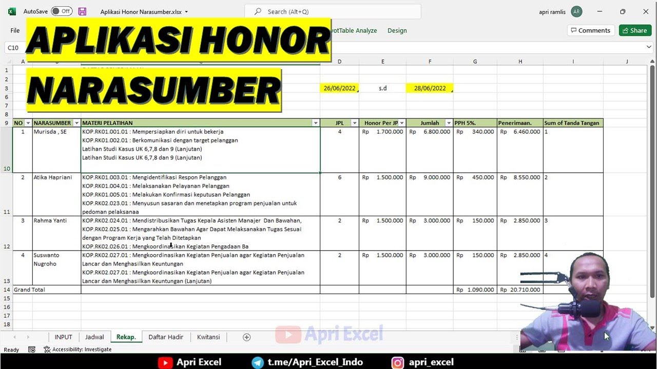 Aplikasi Honor Narasumber Pelatihan di excel - YouTube