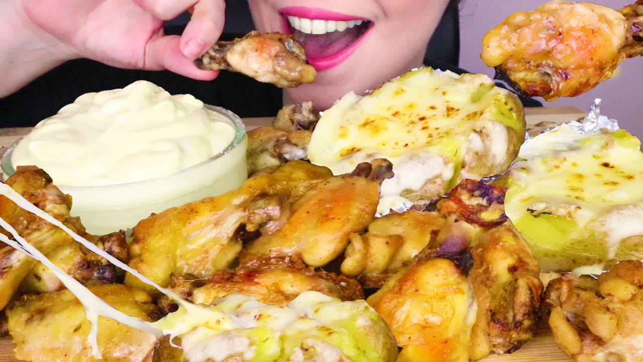 LEMON PEPPER CHICKEN WINGS 🍗 & CHEESY BAKED POTATOES | ASMR Mukbang ...