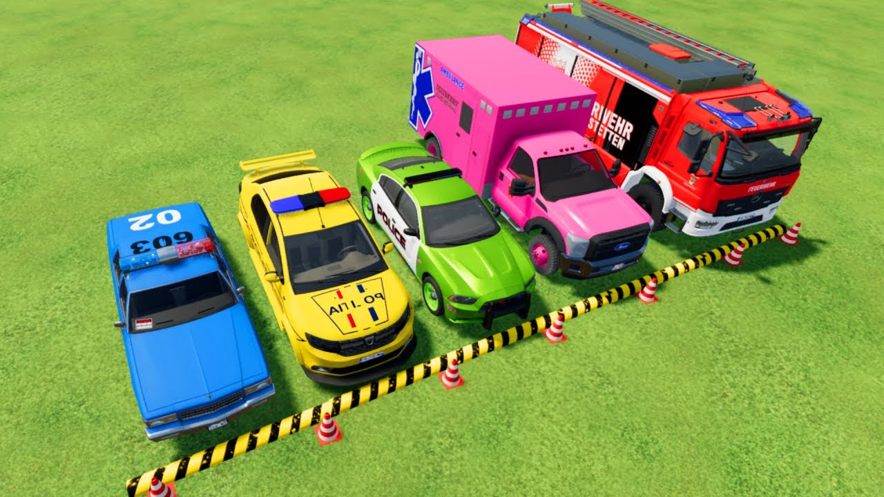 POLICE CAR, AMBULANCE, FIRE TRUCK, TRANSPORTING COLORFUL POLICE CARS ...