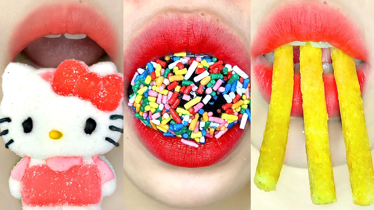 asmr POTATO CHIPS MOZZI MANGO JELLY WATERMELON FRUIT LAMUNE KITTY GUMMY ...