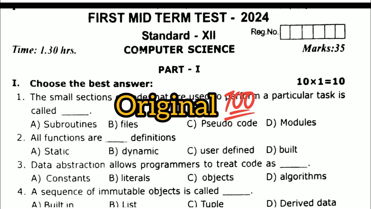 12th computer science first midterm exam original question paper 2024 ...