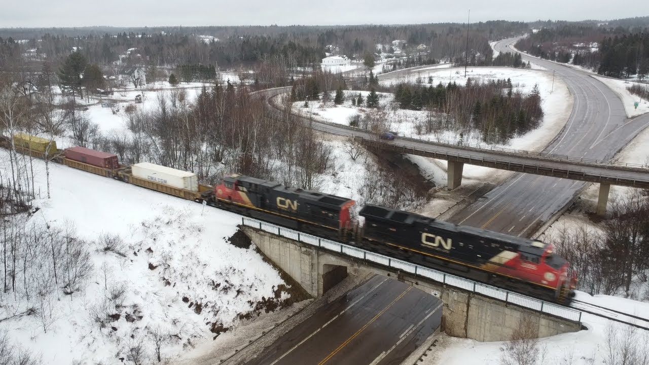 Nice Aerial 4K View! Long Extra Stack Train CN X120 passing Berry Mills ...