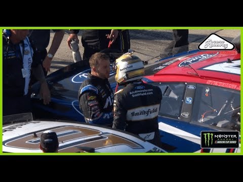Matt DiBenedetto confronts Aric Almirola on pit road after Pocono race