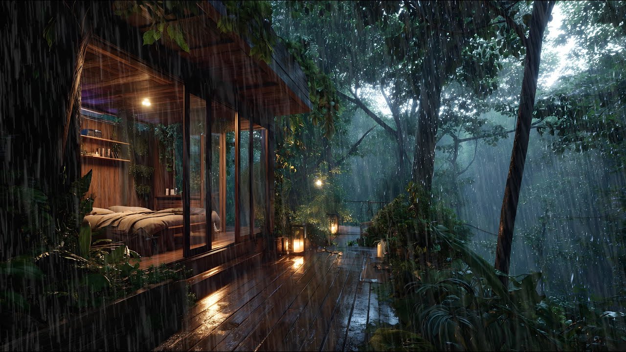 [No Ads] Rain on a Cozy Treehouse Roof in the Lush Rainforest for ...
