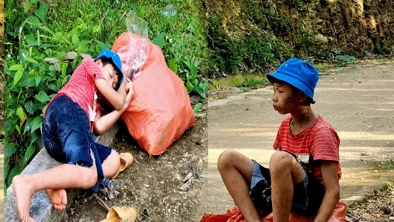Homeless boy. Wandering around picking up bottles and jars to make a ...
