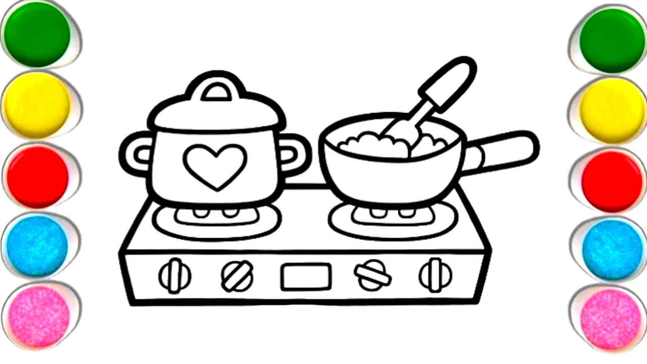 Easy Gas Stove And Cooking drawing | How to draw a Cooking for kids ...