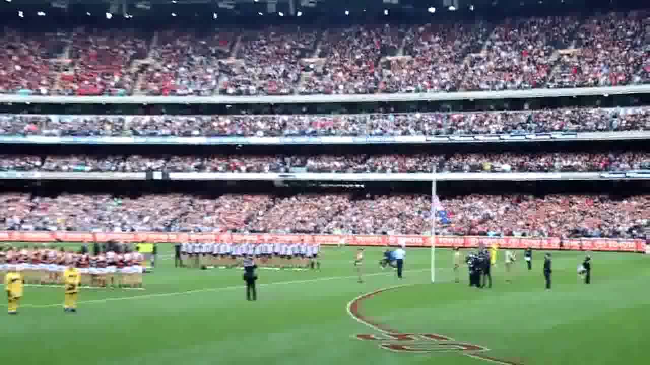 2012 ANZAC day football match Ceremony and singing national anthem ...
