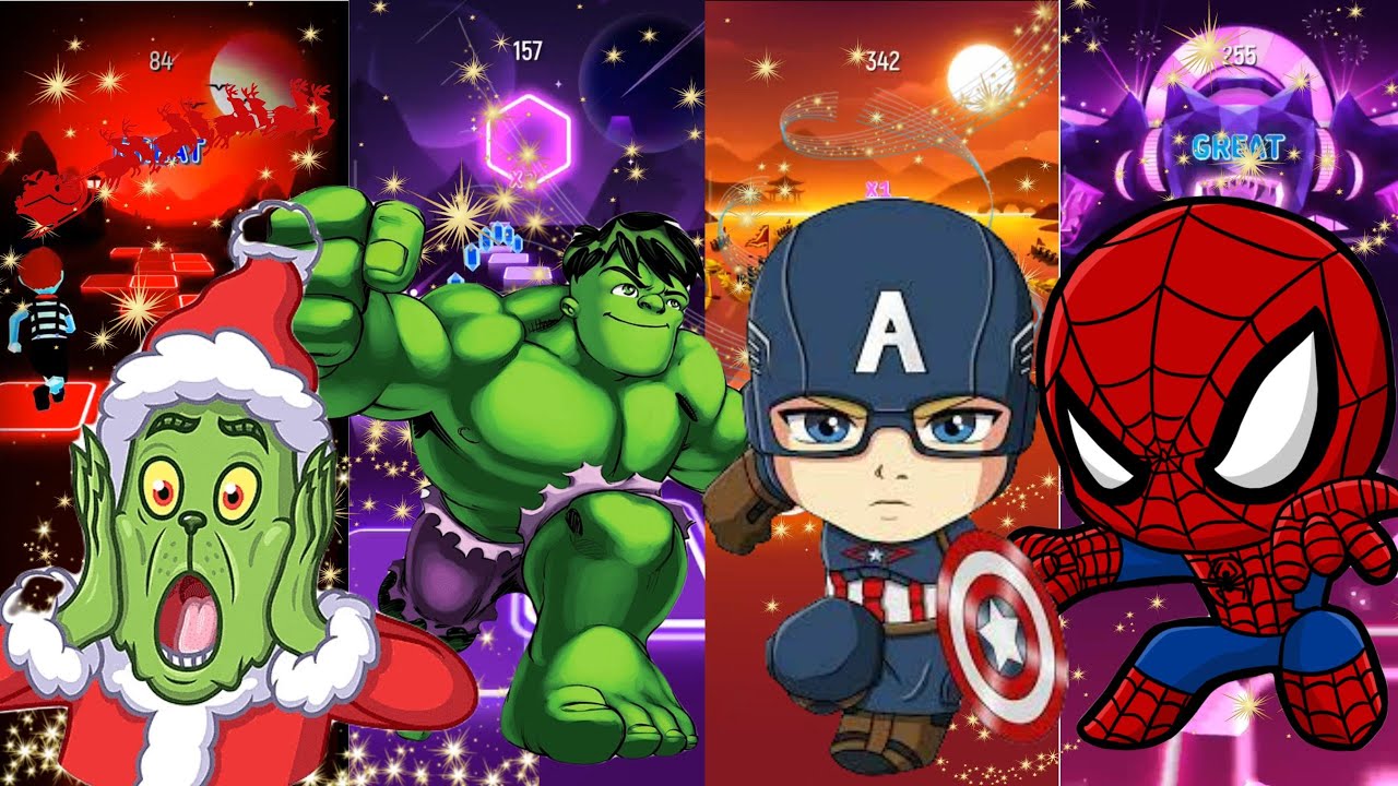 Grinch vs Captain America vs Spiderman vs Hulk 🔝 Tile Hop EDM Rush ...