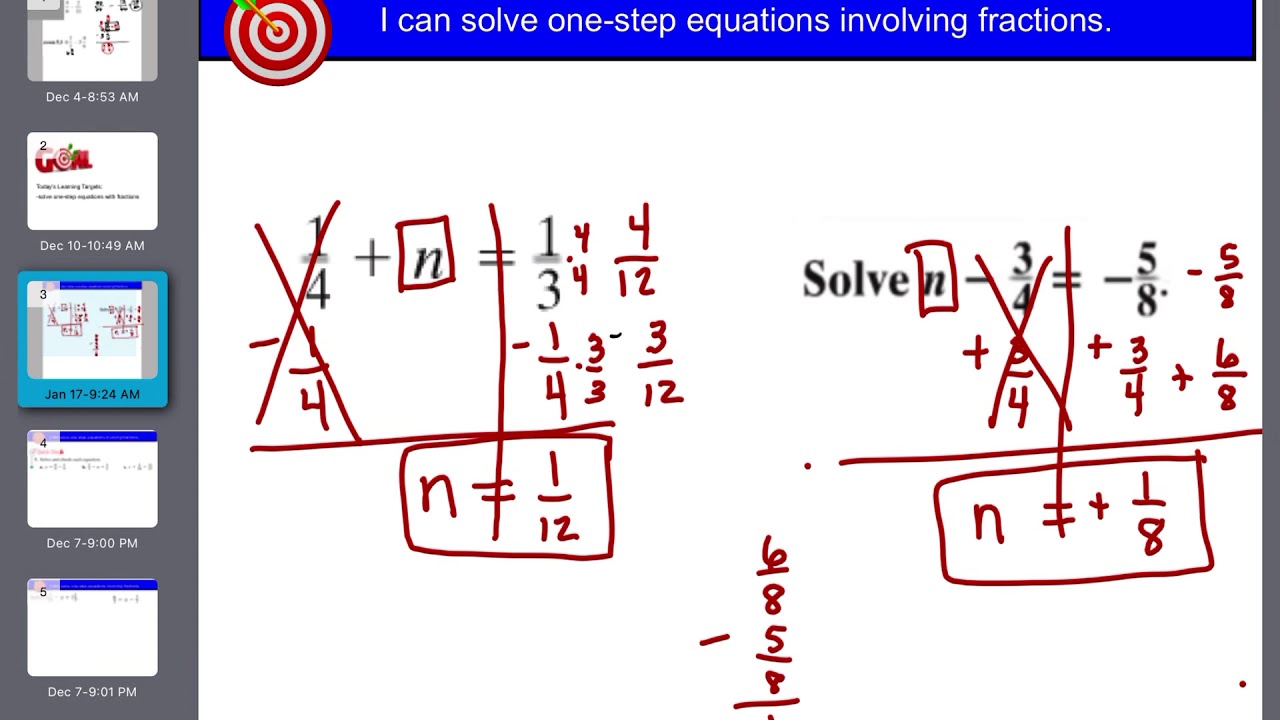 5-7 Solving One Step Equations with add subt Fractions - YouTube