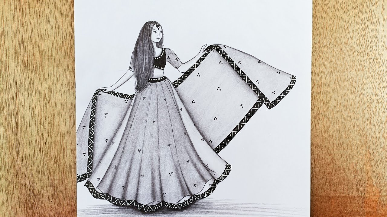 Easy traditional girl with beautiful Lehenga Pencil sketch || drawing ...