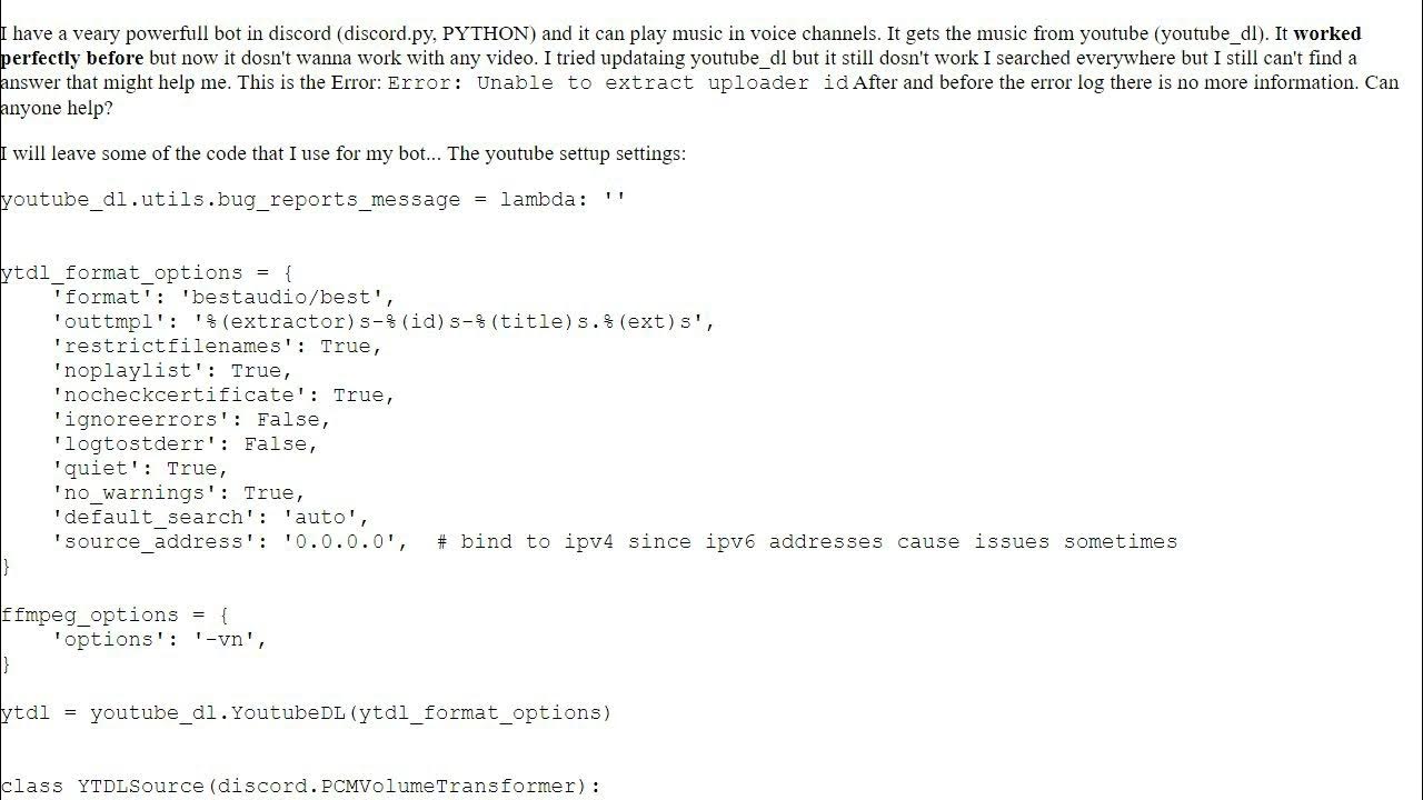 videoError: Unable to extract uploader id - Youtube, Discord.py - YouTube