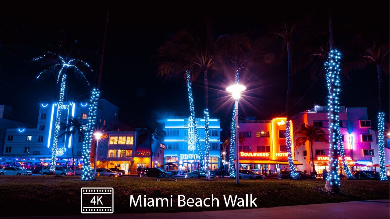 Miami Beach Night Walk 4K, Miami Beach Tour, Miami virtual Tour, Night ...