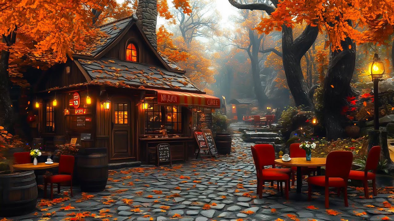 Cozy Fall Coffee Shop Ambience & Relaxing Jazz Background Music🍂Falling ...