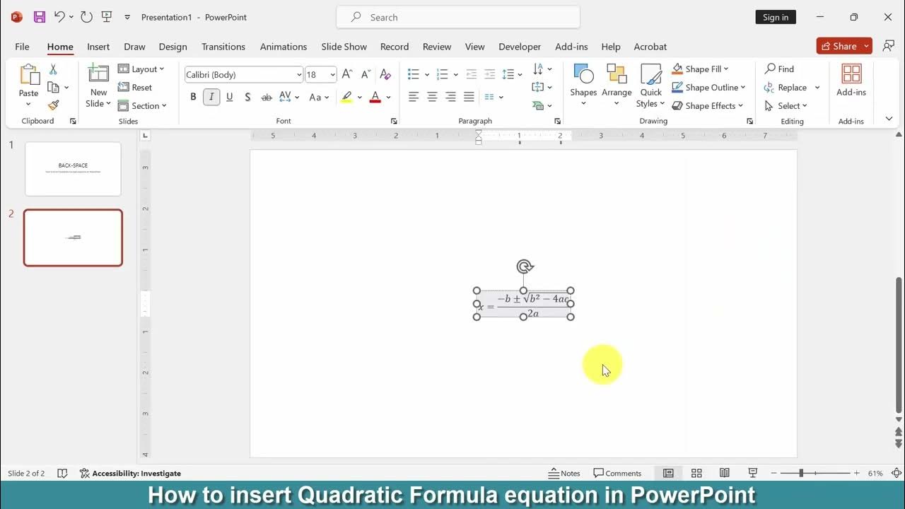 How to insert Quadratic Formula equation in PowerPoint - YouTube