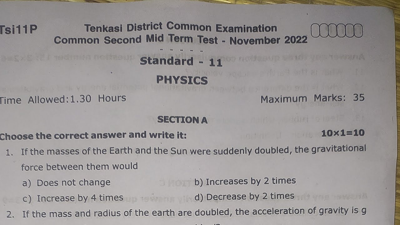 11th std Physics Second mid term question paper 2022/11th std physics important question - YouTube