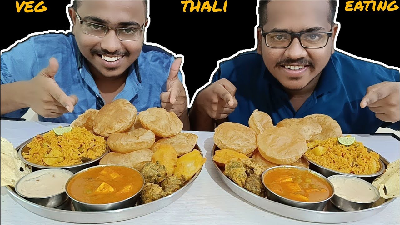 Veg Thali Eating Challenge | Matar Paneer, Puri, Masala Rice, Srikhand ...