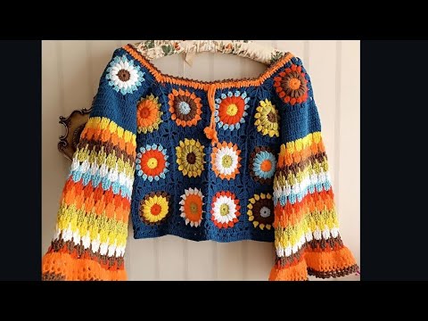 1  Bölüm Motifli İspanyol kollu örgü bluz yapımı   örgü bluz  Crochet Pullower