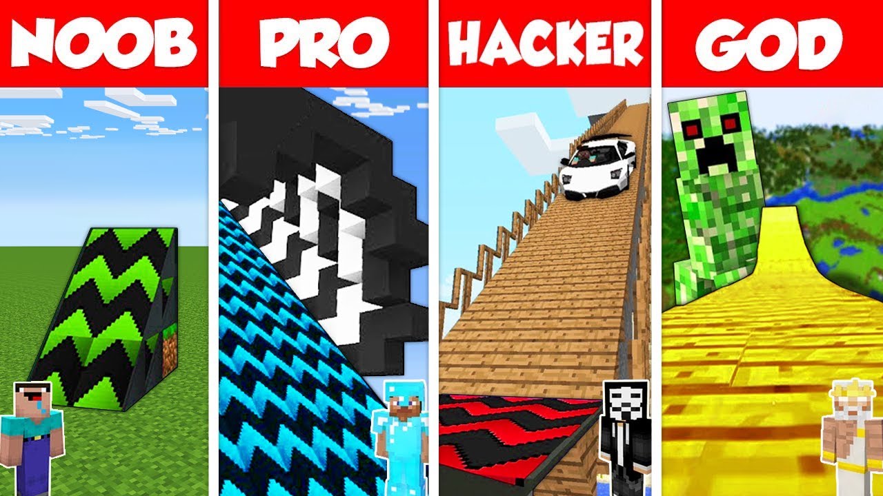 Minecraft Battle: NOOB vs PRO vs HACKER vs GOD: SUPER RAMP SPRINGBOARD BUILD CHALLENGE ...