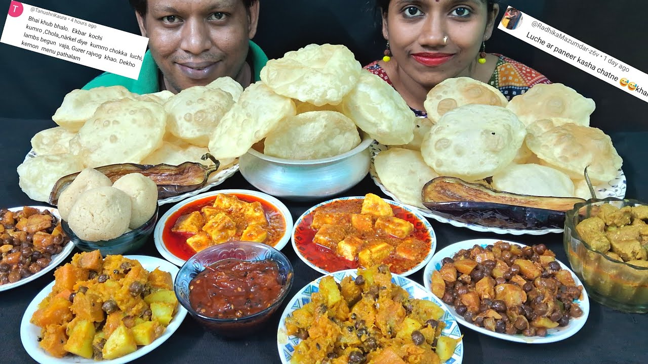 BENGALI EATING PANEER KOSHA AND LUCHI, CHOLA NARKEL KUMRO CHOKHA RAJVOG ...
