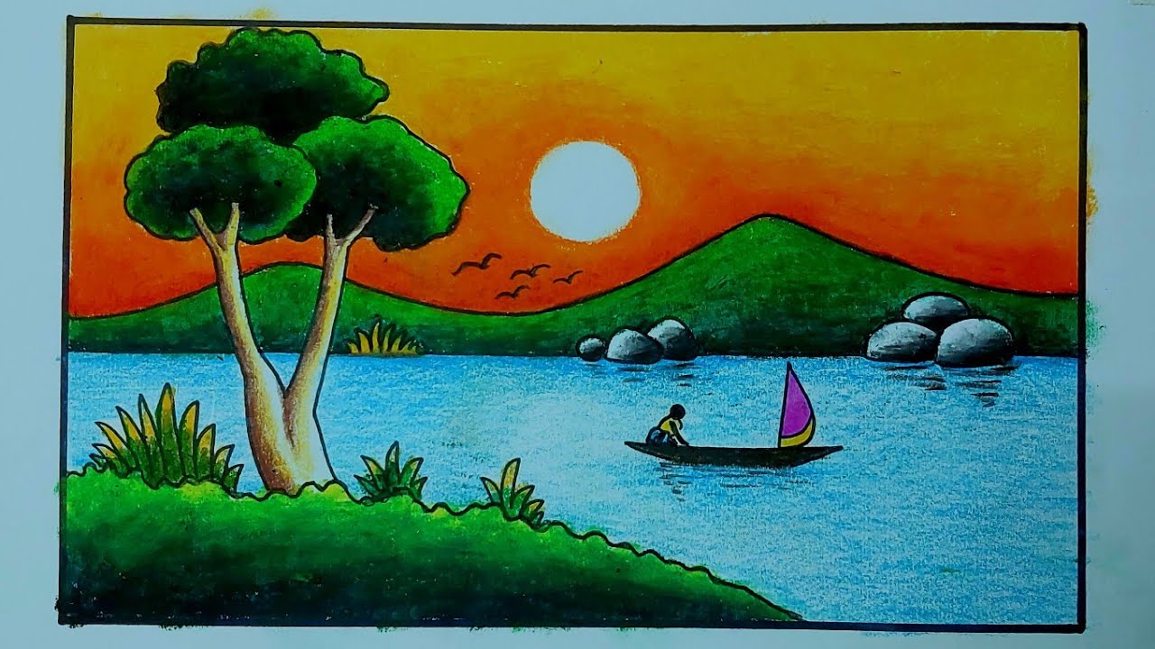 Scenery Drawing / How To Draw Easy Sunset and Mountain Scenery with ...