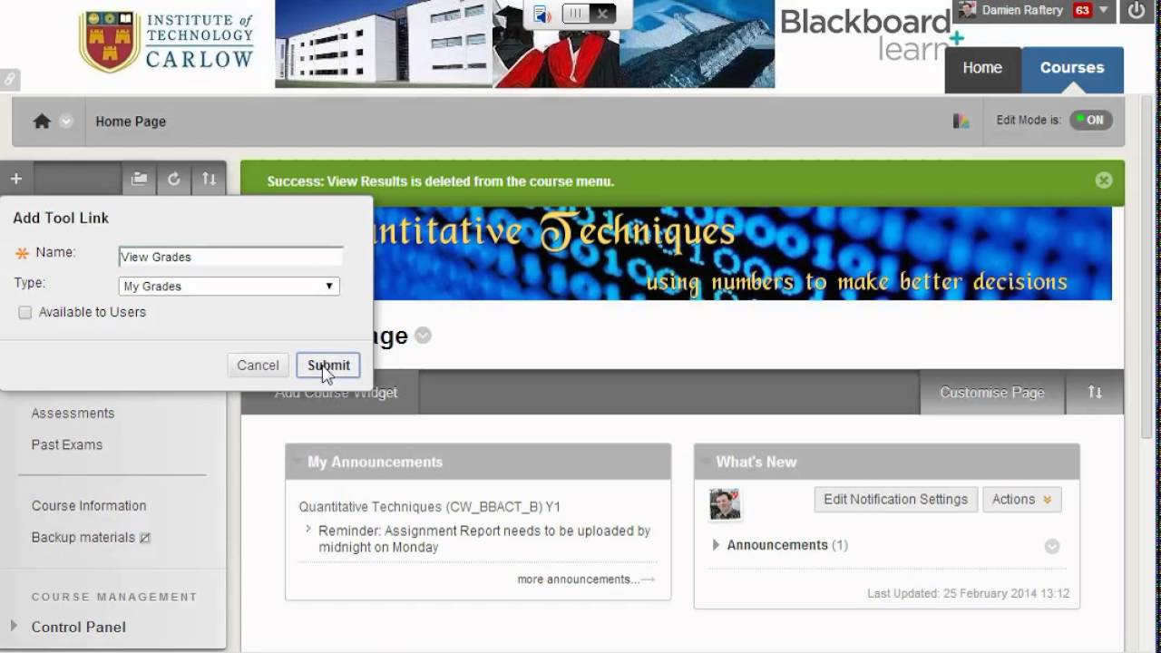 Adding a View Grades tab to the course menu in Blackboard - YouTube