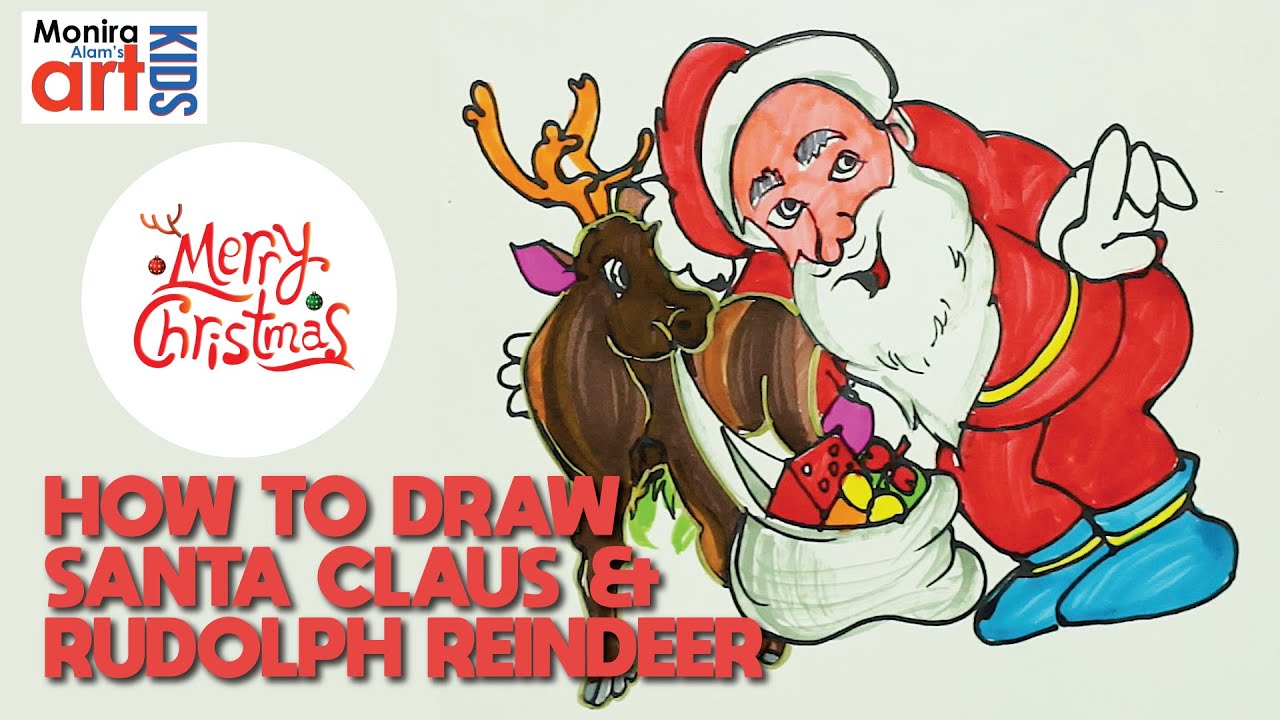 How to Draw Santa Claus & Rudolph Reindeer - Christmas Art Lesson - YouTube