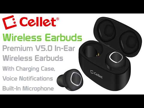 Cellet Premium V5.0 Wireless Earbuds with Charging case, Voice Notifications & Built-in Mic - EB500