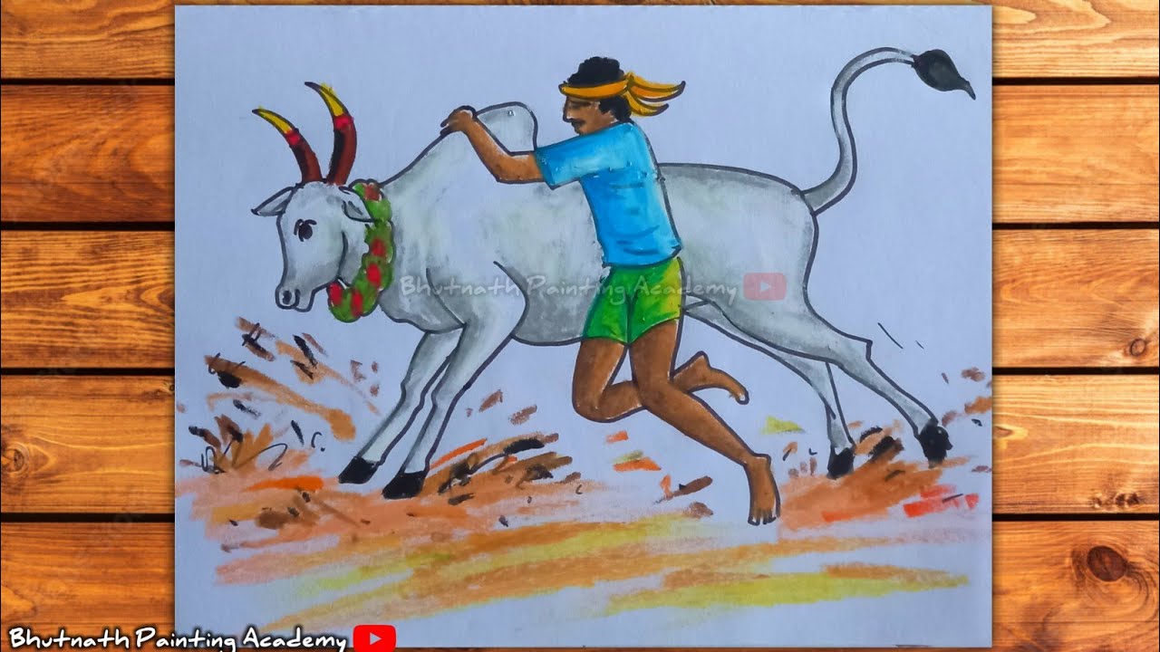 how to draw Jallikattu with oil pastel colour - YouTube