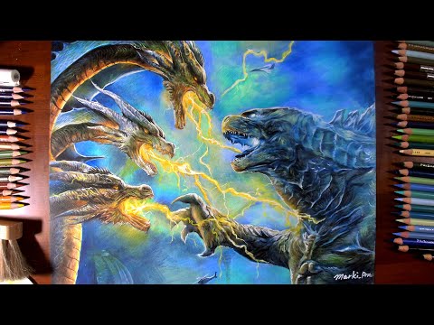 Drawing Godzilla & Ghidorah from Movie[Godzilla: King of the Monsters] - marki draws, colored pencil