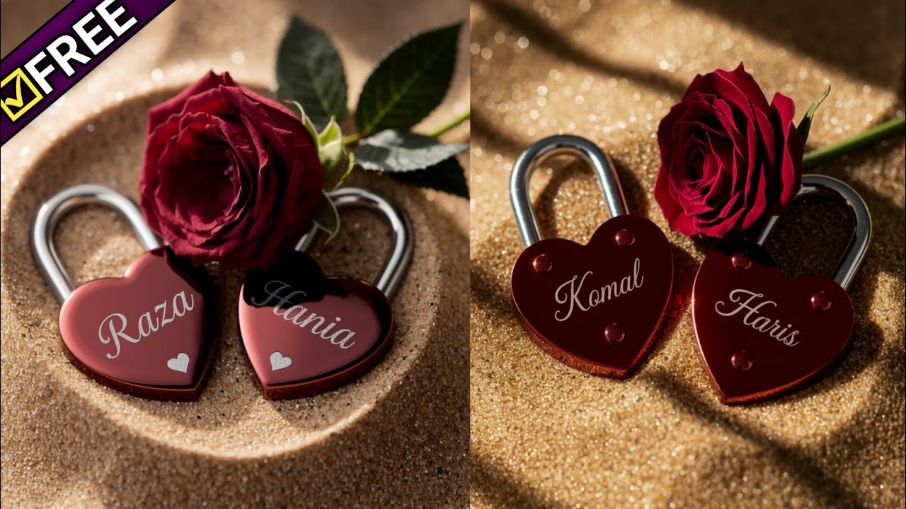 How To Make Padlock Heart Name 3D DPS Placed On Gold Sand With Red Rose ...