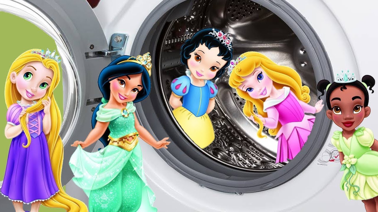 FIVE LITTLE DISNEY BABY PRINCESSES JUMPING ON THE WASHING MACHINE ...