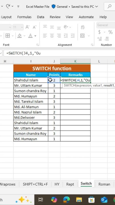 How to Use the SWITCH Function in Excel #foryou #msexcelএরসকলসূত্র #excelcourse - YouTube