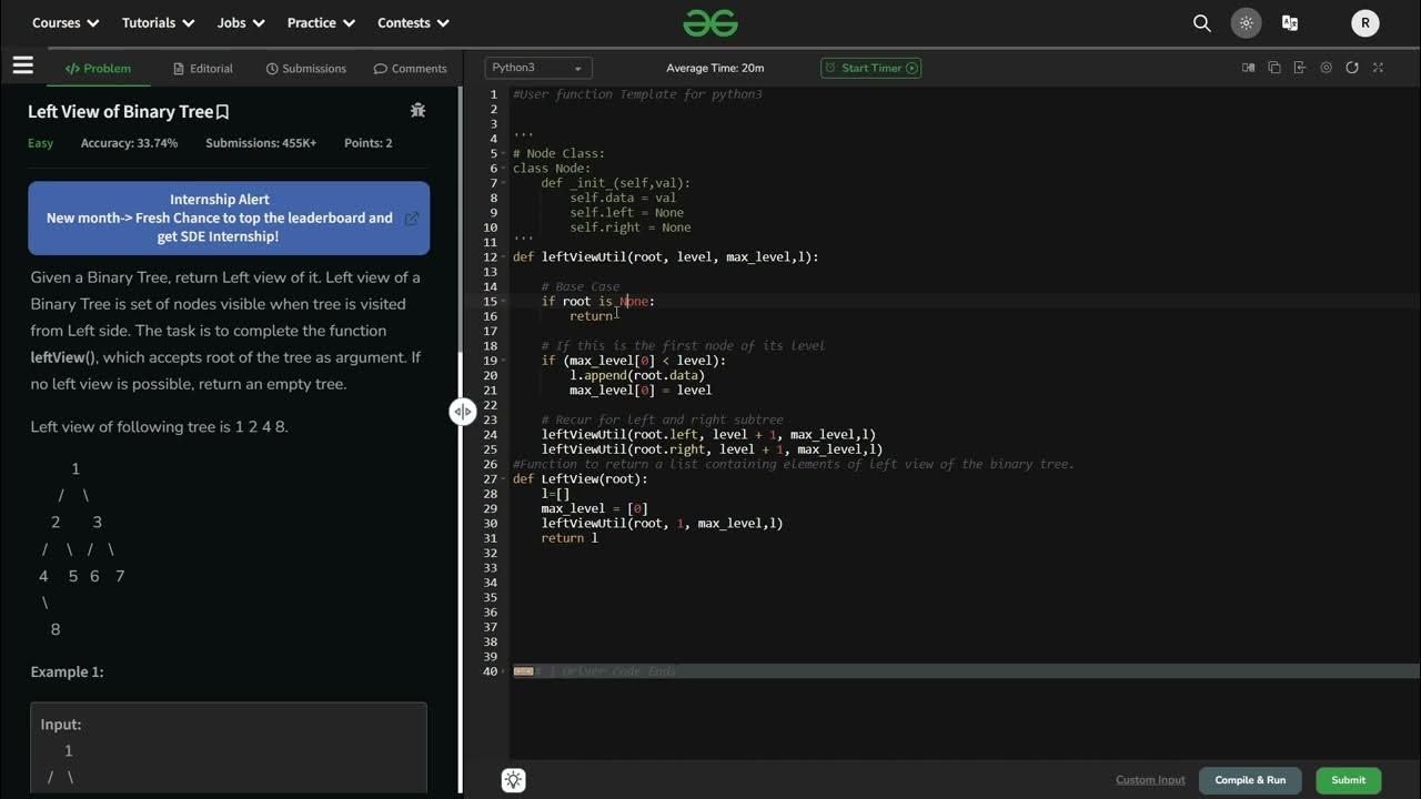 1.Print left view of binary tree | Tree | Python | GFG | Must Do Coding Questions - YouTube