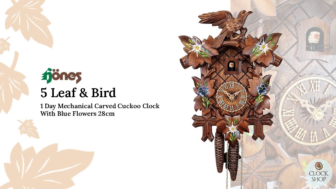 5 Leaf & Bird 1 Day Mechanical Carved Cuckoo Clock With Flowers 28cm By ...