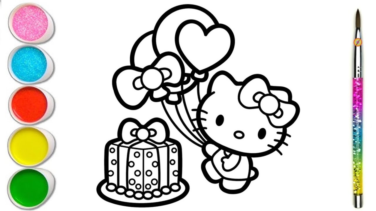 Hello kitty with balloon🎈 and birthday gift drawing and coloring for ...