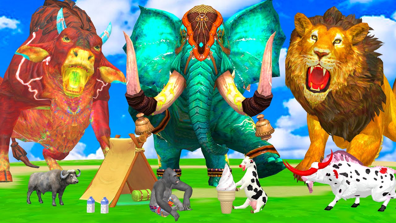 5 Giant Mammoth Elephant Cow Vs 5 Giant Lion Tiger Wolf Vs Fight Cow ...