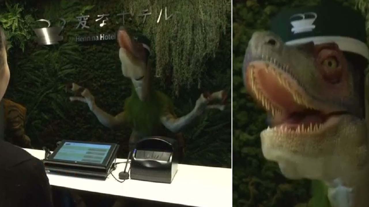 Dinosaurs manage front desk in Japan hotel - YouTube