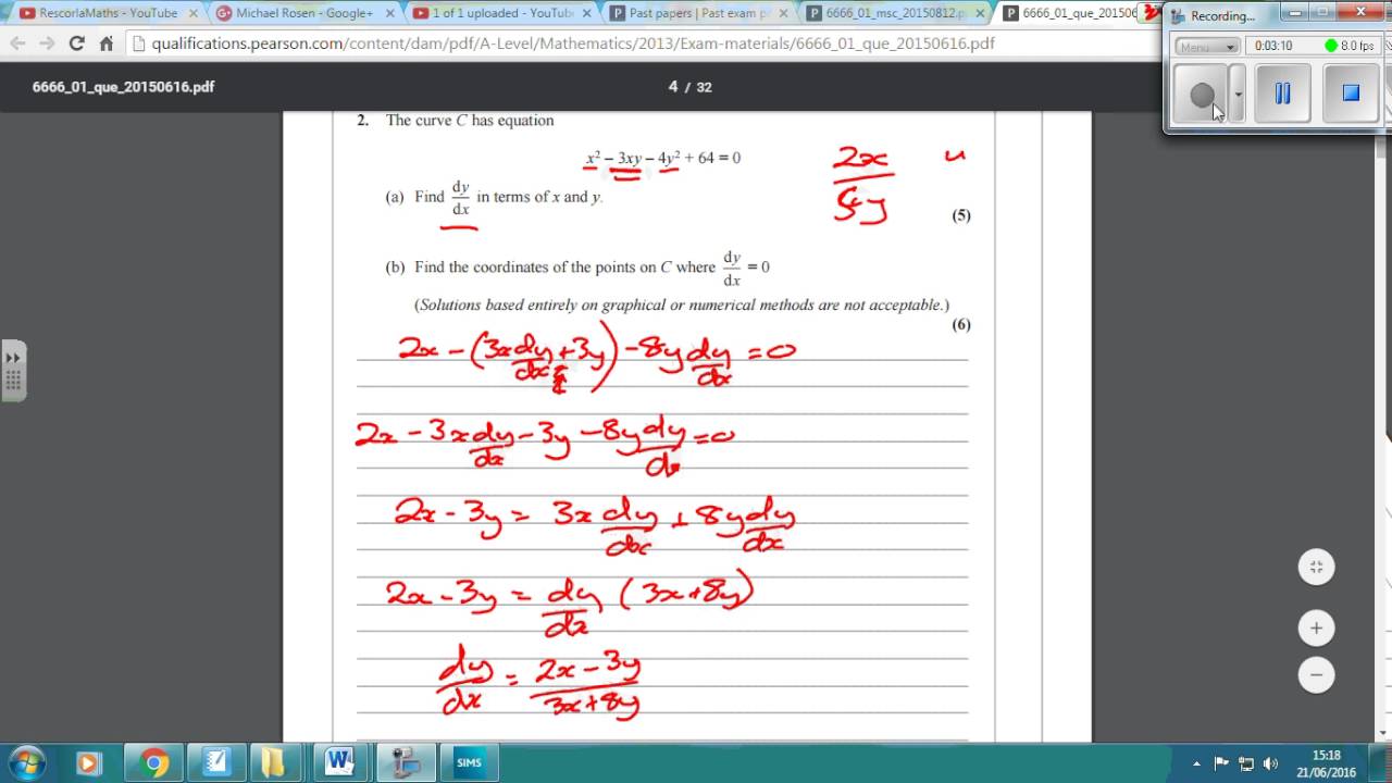 RescorlaMaths C4 revision June 2016 C4 paper. Question 2 implicit differentiation - YouTube