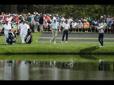 Jordan Spieth skips the ball across the water on the 16th hole at Augusta