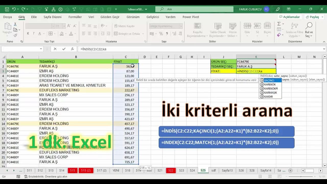 Excel 1 Dakika - İki Kriterli Arama - YouTube
