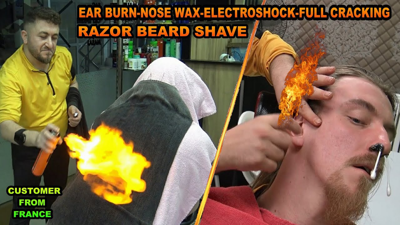 ASMR BARBER FIRE 💈 CRACKING 💈 RAZOR BEARD SHAVE 💈 NOSE WAX 💈head,ear ...