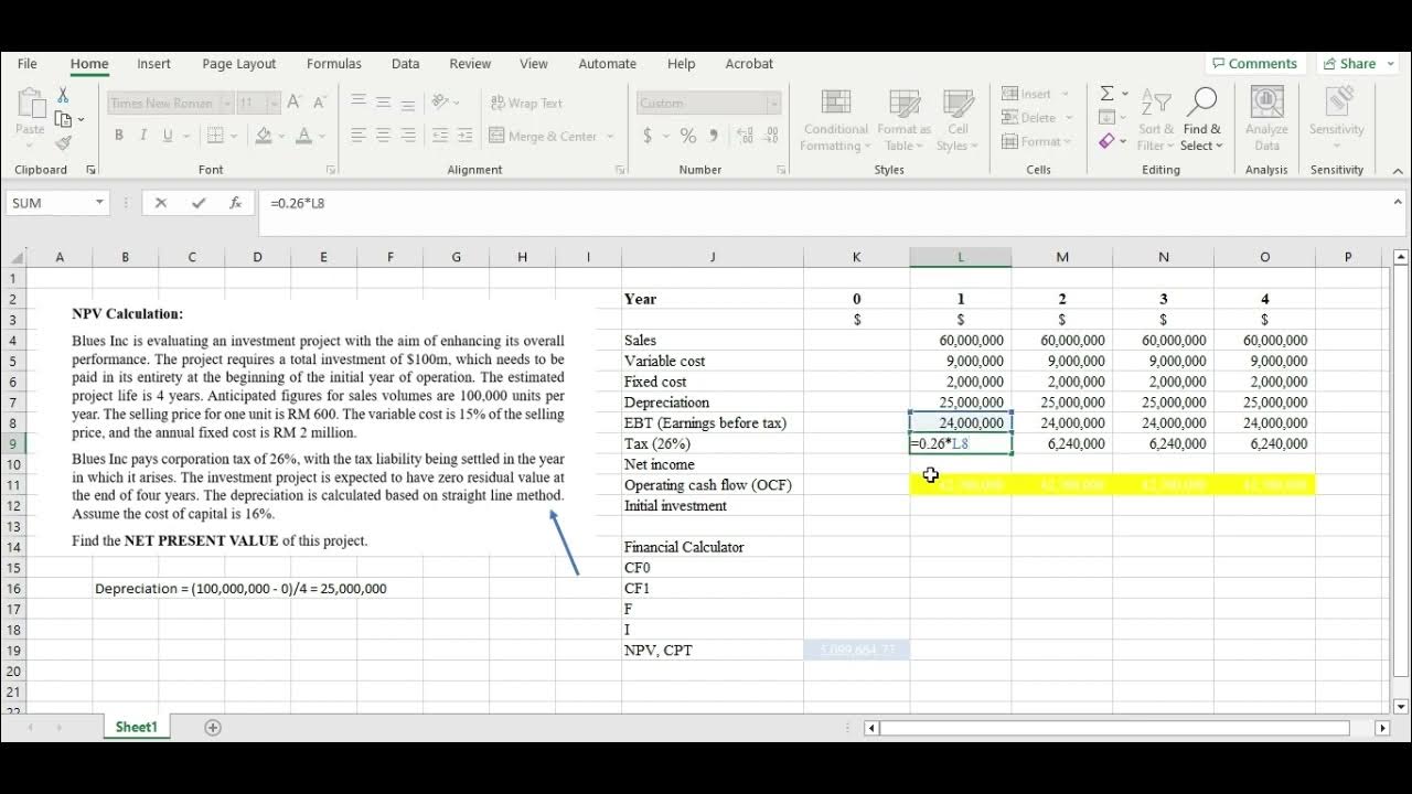 Operating Cash Flow (OCF) & Net Present Value (NPV) Calculation Using ...