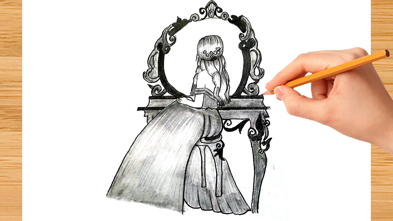 How to Draw a Girl Sitting in Front of a Dressing Table | Easy Girl ...
