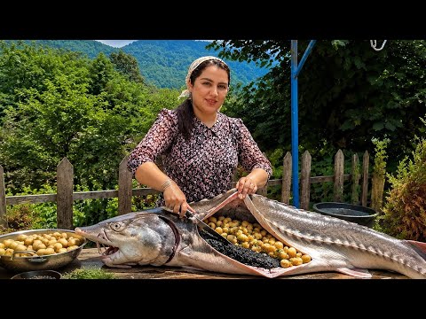 Giant Beluga Sturgeon Stuffed with Potatoes & Cherries 🐟🔥 Village Clay Oven Recipe